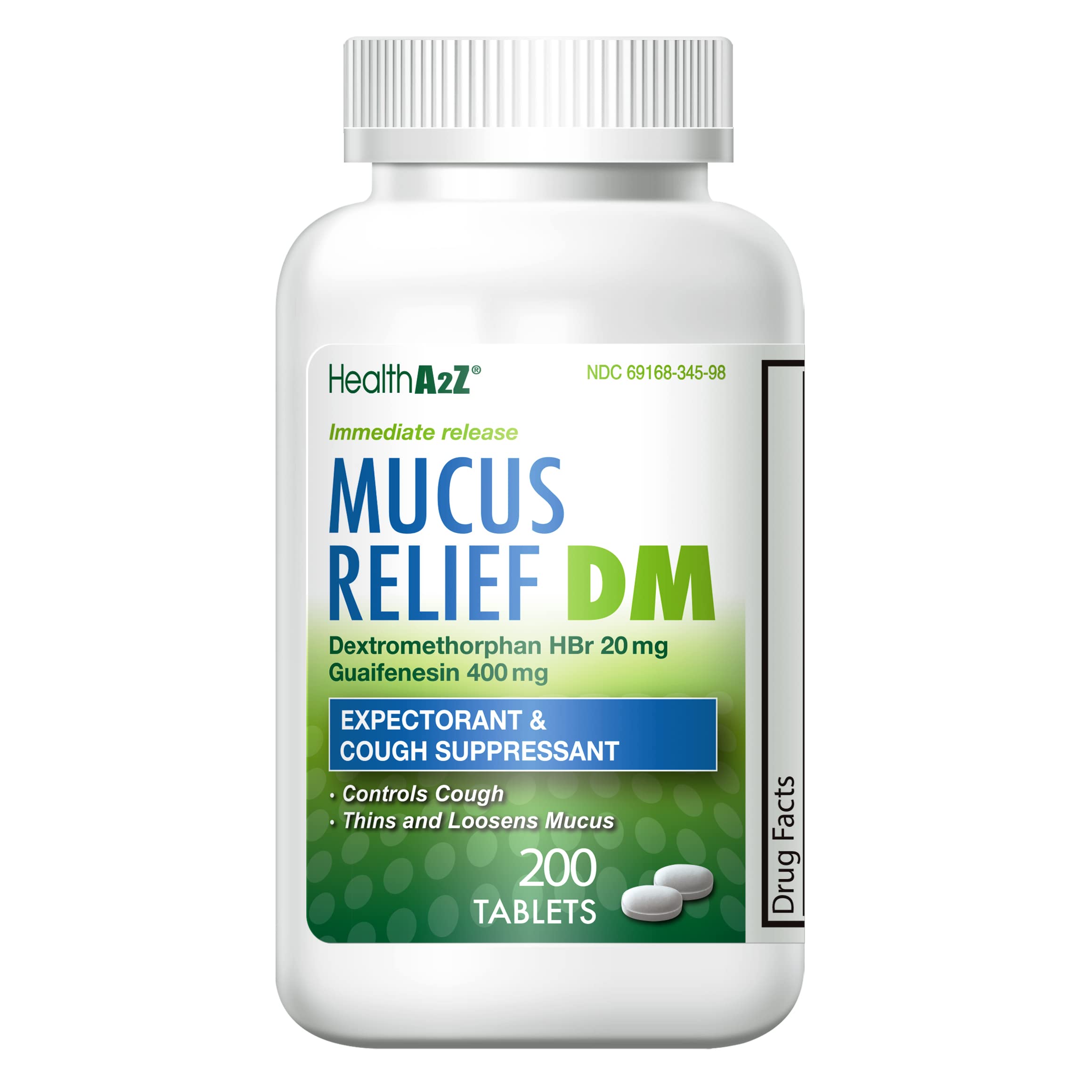 HealthA2Z® Mucus Relief DM | Dextromethorphan HBr 20mg | Guaifenesin 400mg | Cough, Immediate Release, Uncoated (200 Count (Pak of 1))