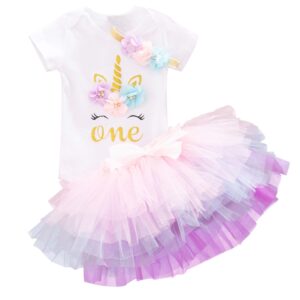 nnjxd baby girls 1st birthday unicorn outfits set rainbow tutu skirt+ unicorn t-shirt+ flower headband(1 years, 12 (pink) 1 year)