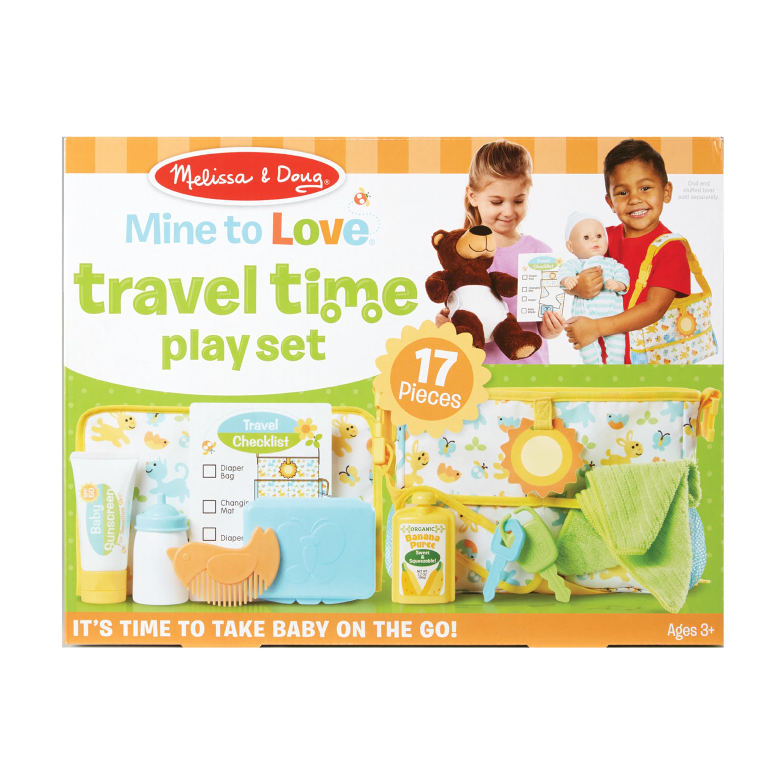 Melissa & Doug Mine to Love Travel Time Play Set for Dolls with Diaper Bag, Bottle, Sunscreen, More (17 pcs) - Baby Doll Accessories, For Kids Ages 3+