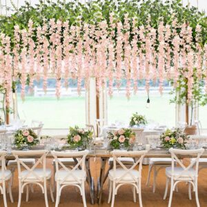 Pauwer Wisteria Hanging Flowers 24 Pack Fake Flower Garland Artificial Wisteria Vines Rattan Silk Flower String Wedding Party Wall Decorations,Blush Pink