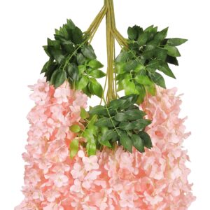 Pauwer Wisteria Hanging Flowers 24 Pack Fake Flower Garland Artificial Wisteria Vines Rattan Silk Flower String Wedding Party Wall Decorations,Blush Pink