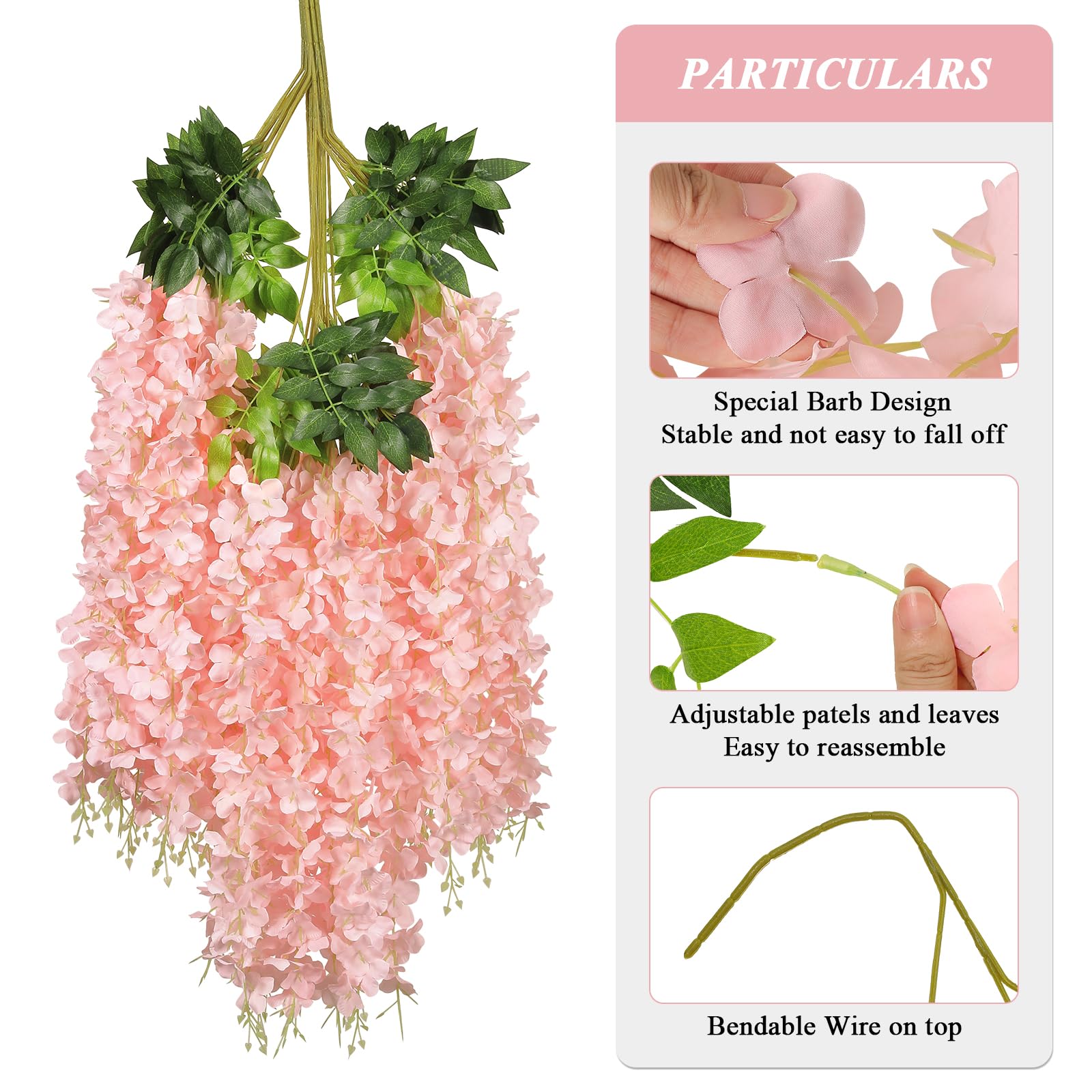 Pauwer Wisteria Hanging Flowers 24 Pack Fake Flower Garland Artificial Wisteria Vines Rattan Silk Flower String Wedding Party Wall Decorations,Blush Pink