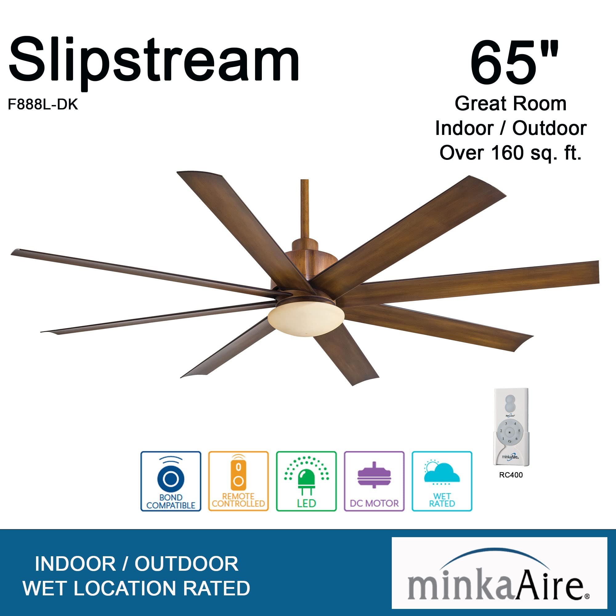 MINKA-AIRE F888L-DK Slipstream 65 Inch Outdoor Ceiling Fan with Dimmable LED Light and DC Motor in Distressed Koa Finish