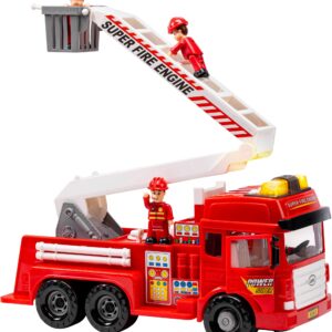 FUNERICA Large Fire Truck Toy with Lights and Sounds - Doors That Open - Big Folding Ladder - 7 Toy Figures and Firemen - Red Firetruck Engine for Toddlers and Kids