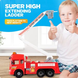 FUNERICA Large Fire Truck Toy with Lights and Sounds - Doors That Open - Big Folding Ladder - 7 Toy Figures and Firemen - Red Firetruck Engine for Toddlers and Kids