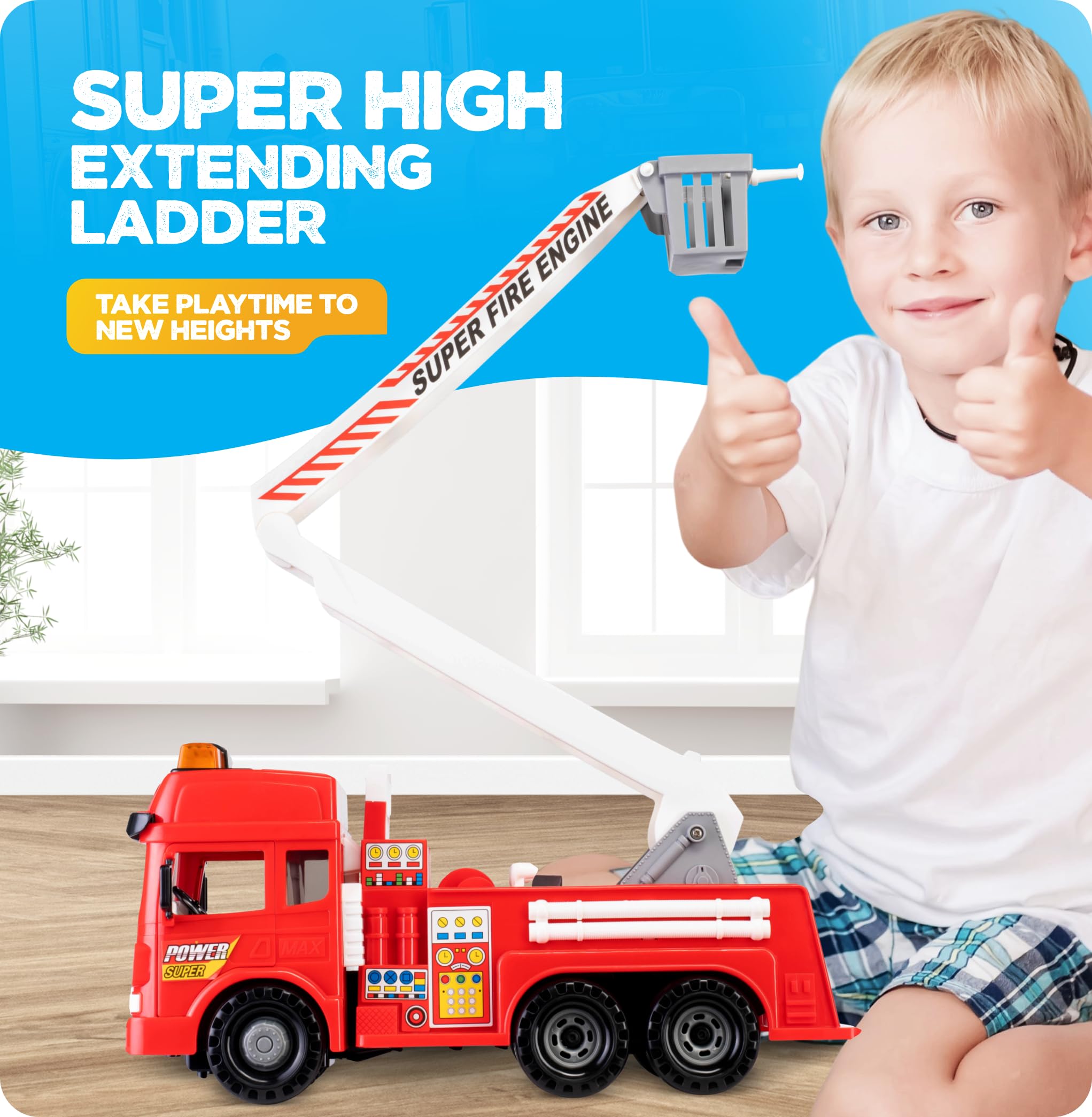 FUNERICA Large Fire Truck Toy with Lights and Sounds - Doors That Open - Big Folding Ladder - 7 Toy Figures and Firemen - Red Firetruck Engine for Toddlers and Kids