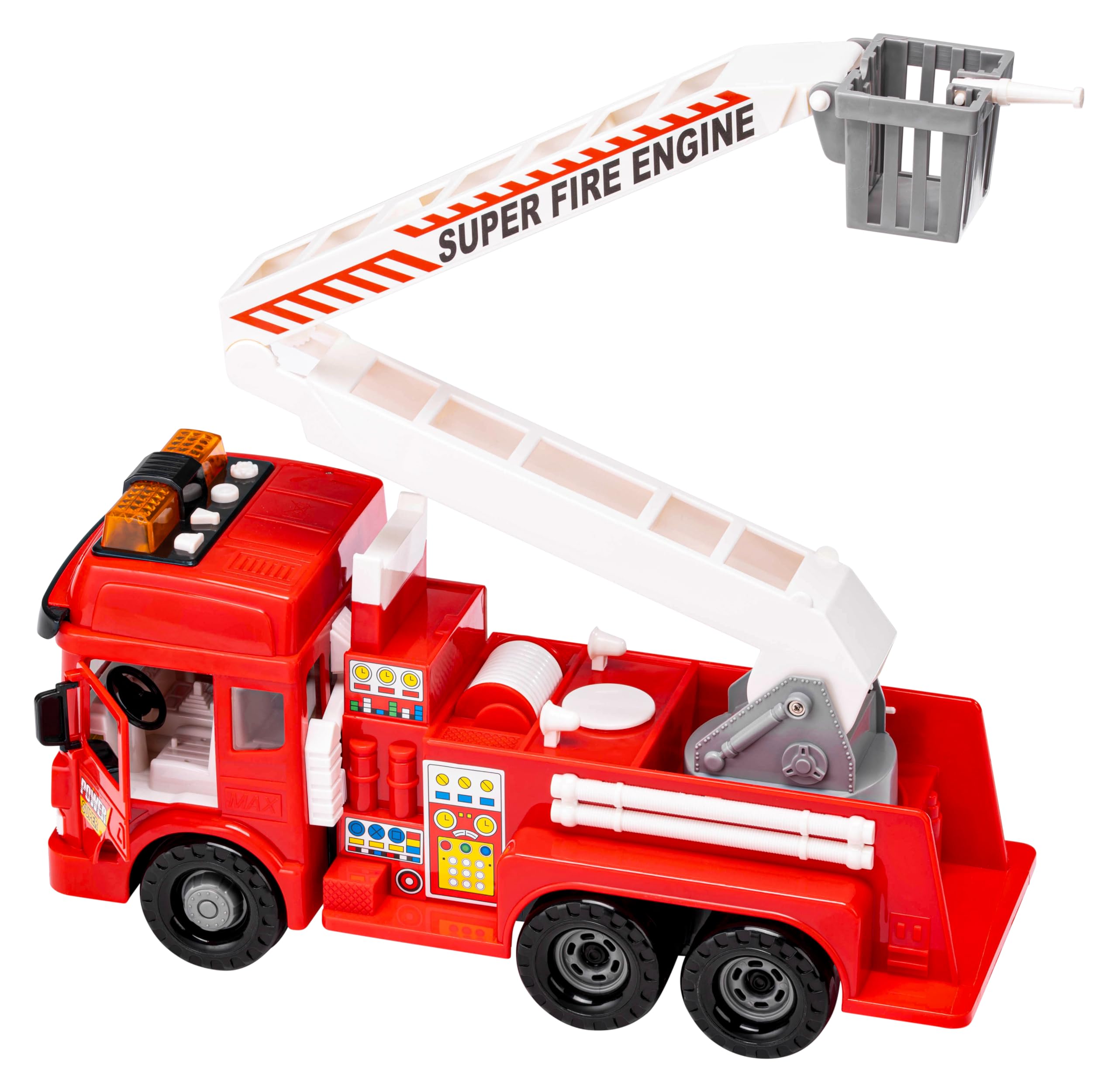 FUNERICA Large Fire Truck Toy with Lights and Sounds - Doors That Open - Big Folding Ladder - 7 Toy Figures and Firemen - Red Firetruck Engine for Toddlers and Kids