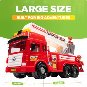 FUNERICA Large Fire Truck Toy with Lights and Sounds - Doors That Open - Big Folding Ladder - 7 Toy Figures and Firemen - Red Firetruck Engine for Toddlers and Kids