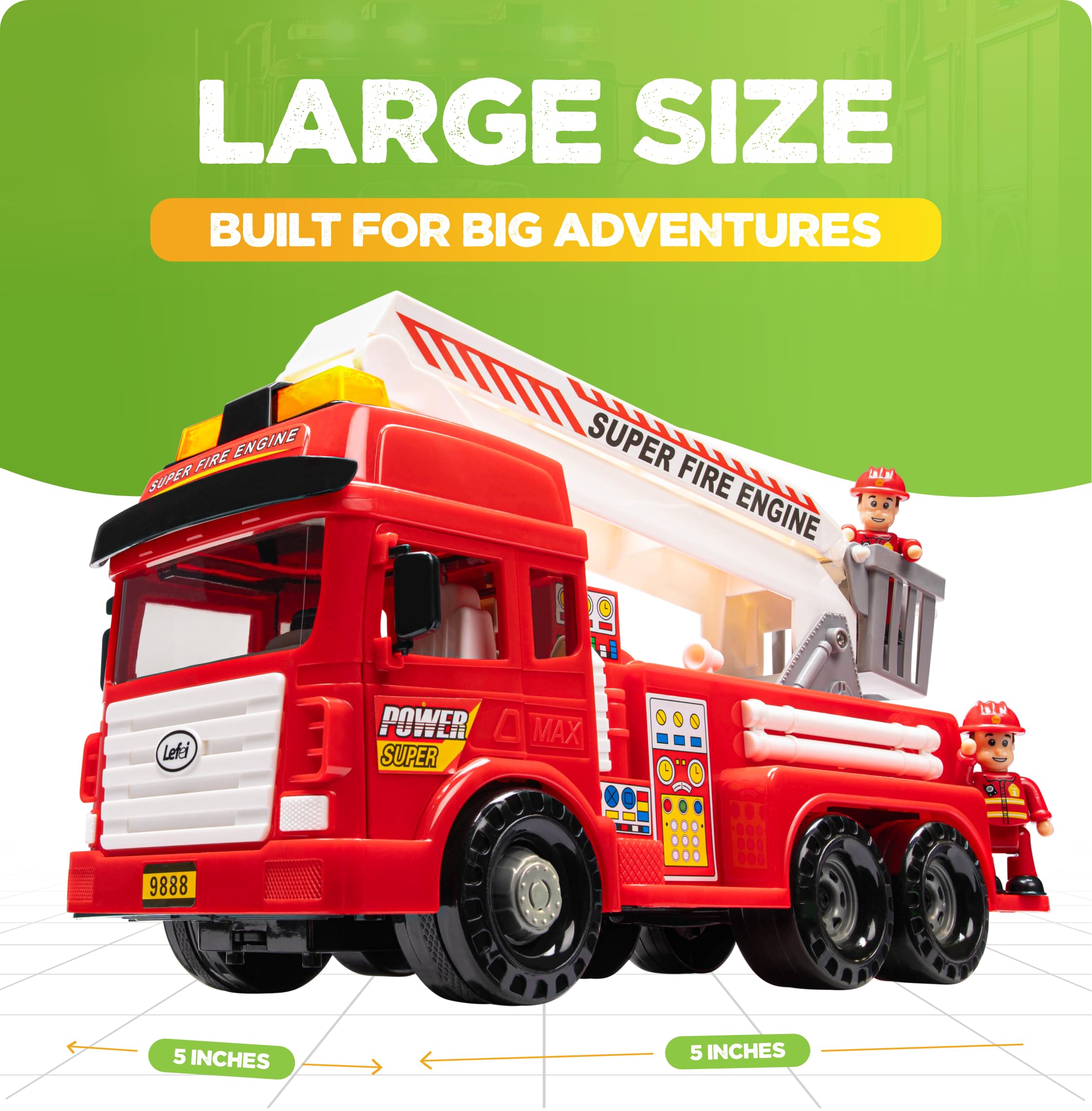 FUNERICA Large Fire Truck Toy with Lights and Sounds - Doors That Open - Big Folding Ladder - 7 Toy Figures and Firemen - Red Firetruck Engine for Toddlers and Kids