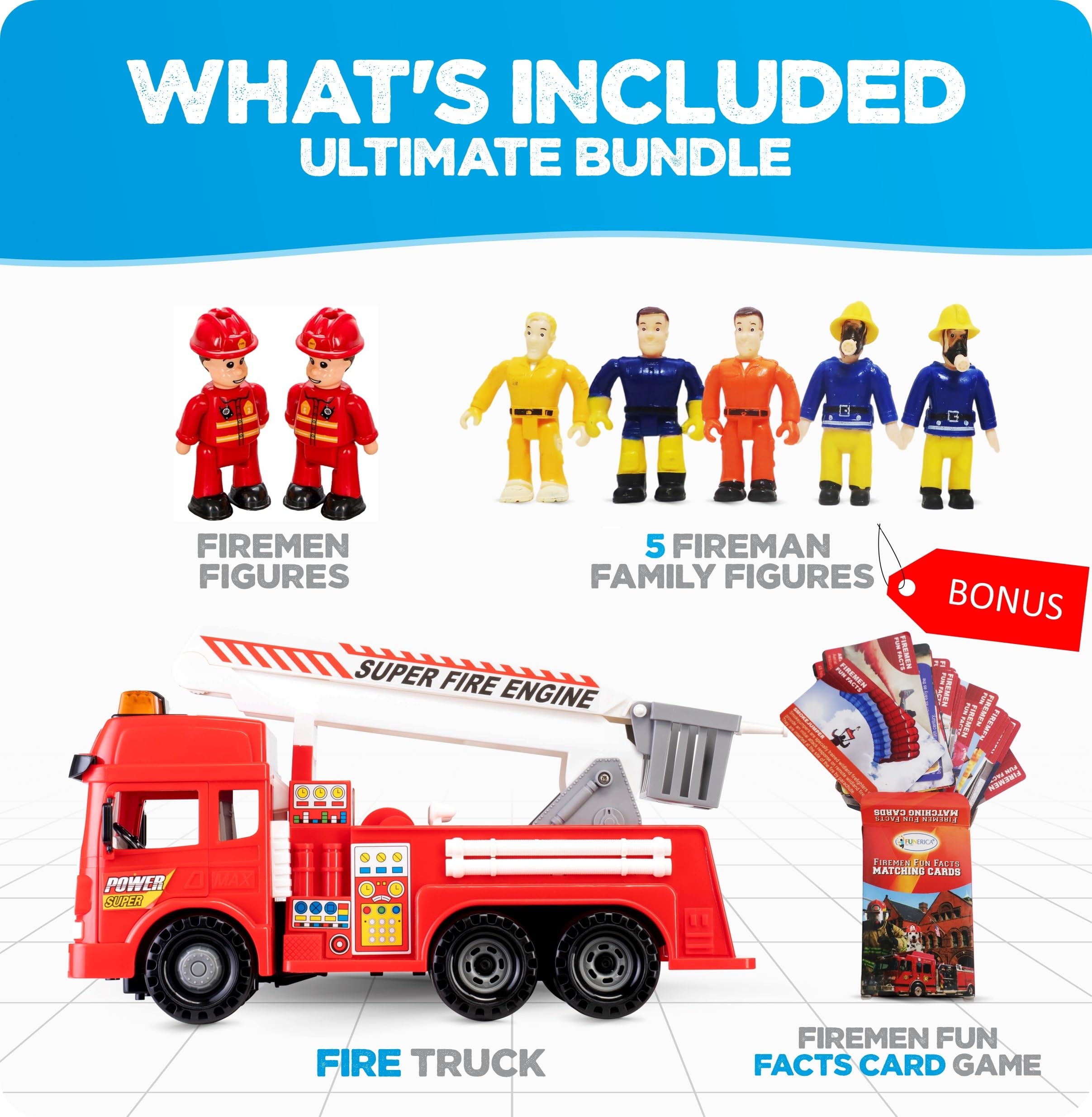 FUNERICA Large Fire Truck Toy with Lights and Sounds - Doors That Open - Big Folding Ladder - 7 Toy Figures and Firemen - Red Firetruck Engine for Toddlers and Kids