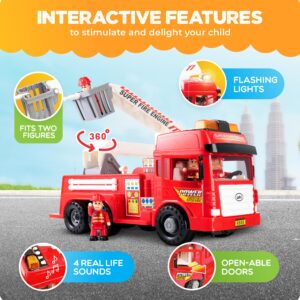 FUNERICA Large Fire Truck Toy with Lights and Sounds - Doors That Open - Big Folding Ladder - 7 Toy Figures and Firemen - Red Firetruck Engine for Toddlers and Kids