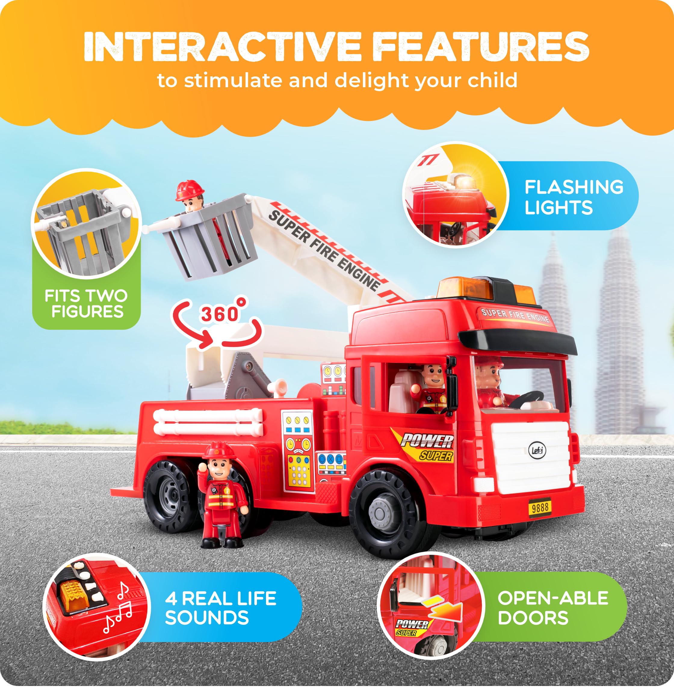 FUNERICA Large Fire Truck Toy with Lights and Sounds - Doors That Open - Big Folding Ladder - 7 Toy Figures and Firemen - Red Firetruck Engine for Toddlers and Kids