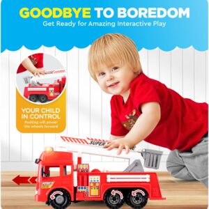 FUNERICA Large Fire Truck Toy with Lights and Sounds - Doors That Open - Big Folding Ladder - 7 Toy Figures and Firemen - Red Firetruck Engine for Toddlers and Kids