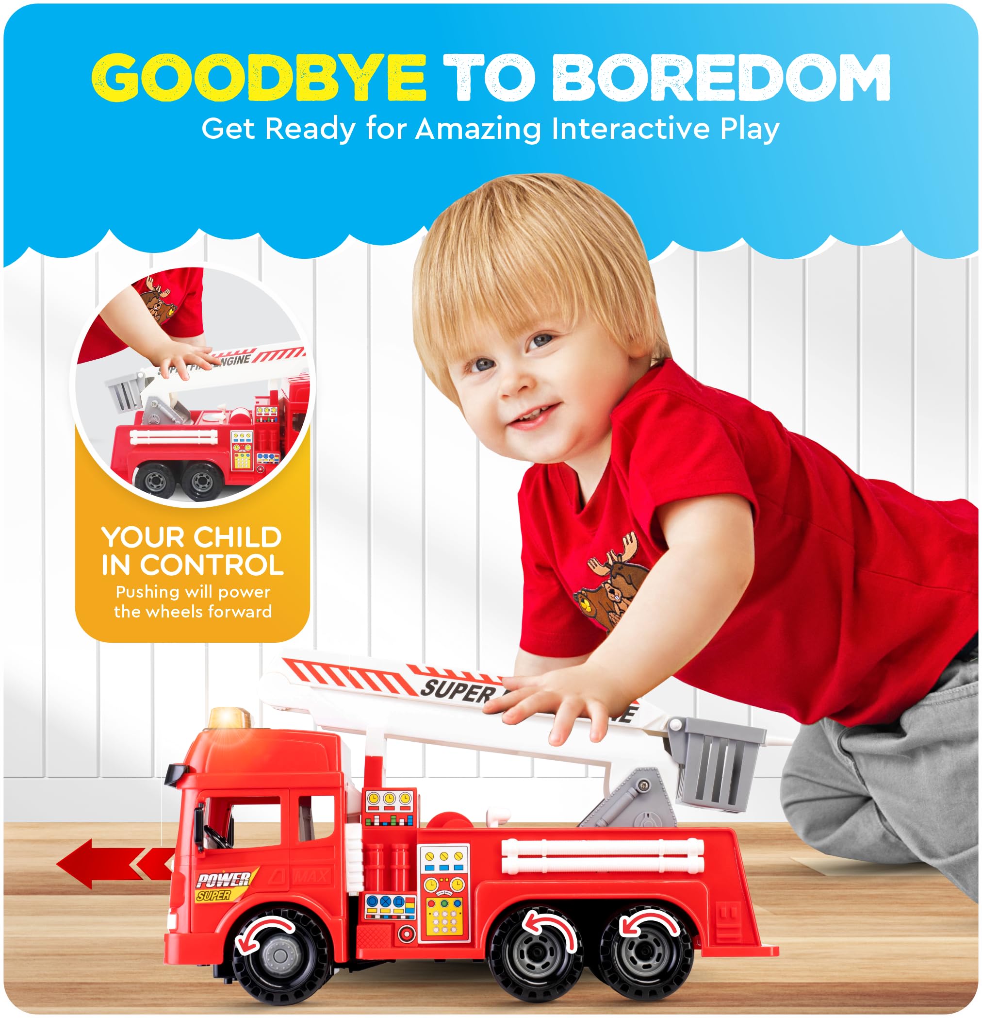 FUNERICA Large Fire Truck Toy with Lights and Sounds - Doors That Open - Big Folding Ladder - 7 Toy Figures and Firemen - Red Firetruck Engine for Toddlers and Kids