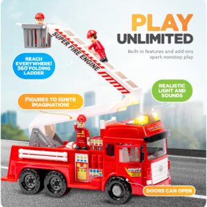 FUNERICA Large Fire Truck Toy with Lights and Sounds - Doors That Open - Big Folding Ladder - 7 Toy Figures and Firemen - Red Firetruck Engine for Toddlers and Kids