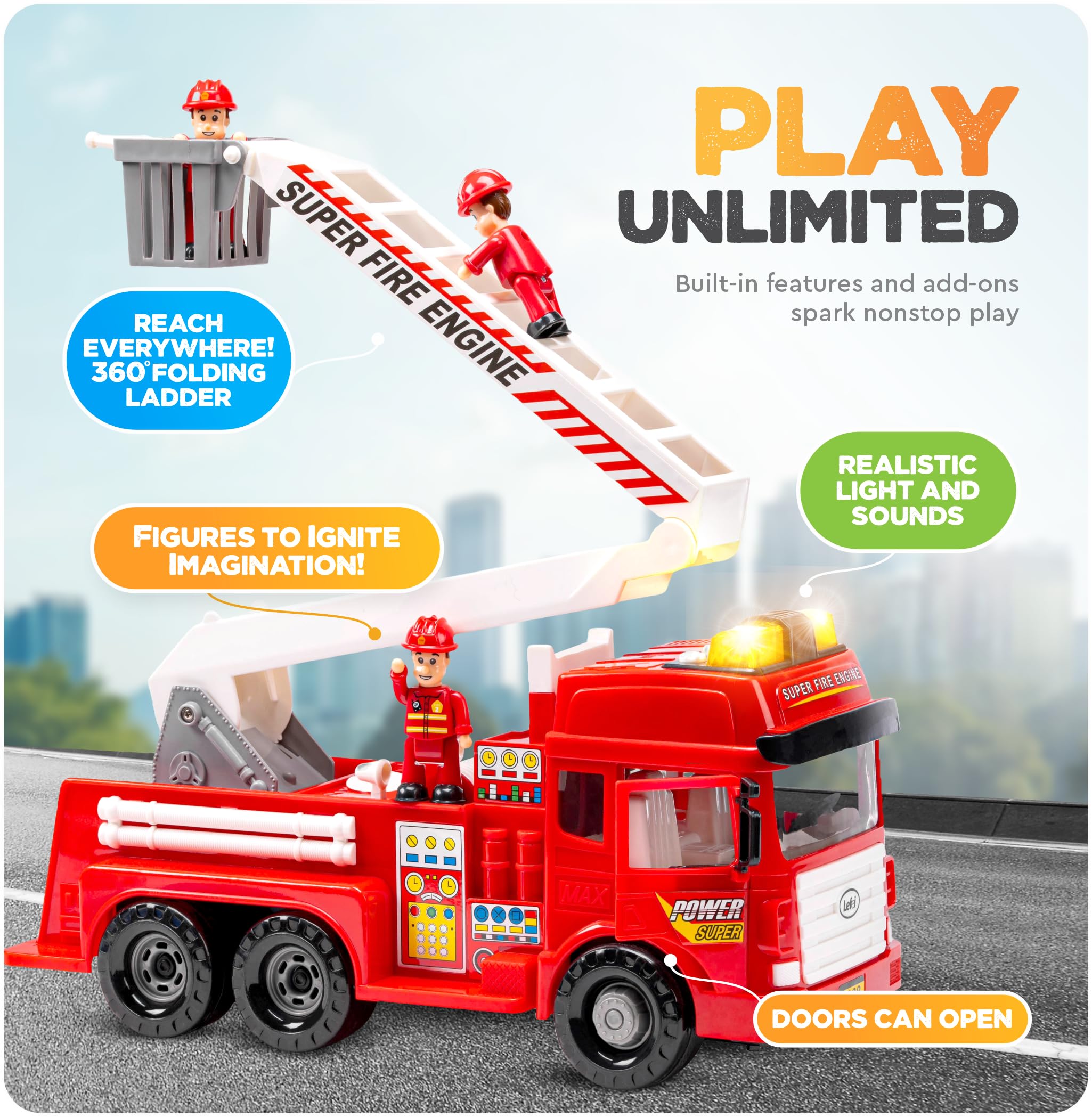 FUNERICA Large Fire Truck Toy with Lights and Sounds - Doors That Open - Big Folding Ladder - 7 Toy Figures and Firemen - Red Firetruck Engine for Toddlers and Kids