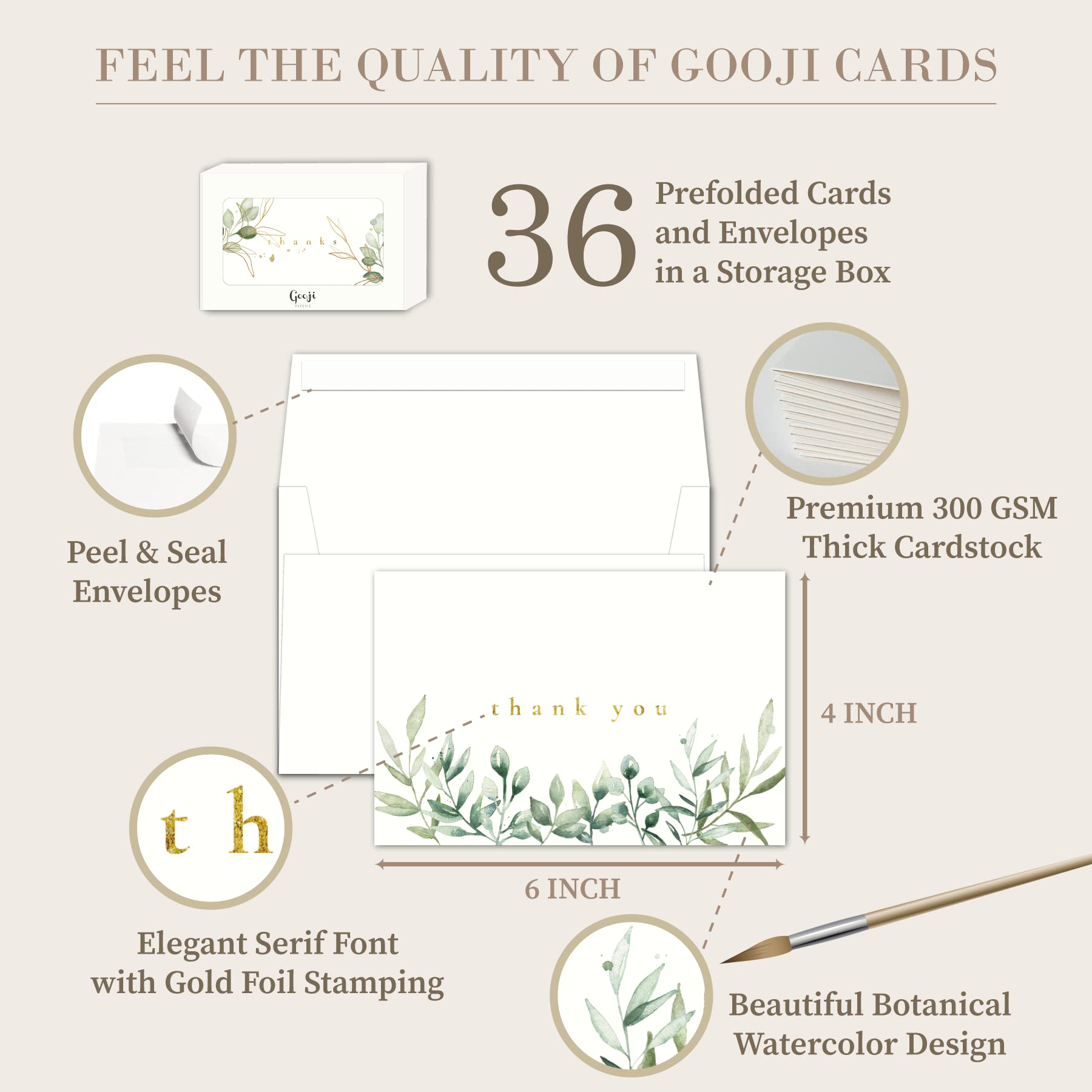 Gooji 4x6 Golden Greenery Thank You Cards with Envelopes (Bulk 36-Pack) | Wedding Thank You Cards, Bridal Shower Thank You Cards, Birthday Party, Baby Shower, Blank Notes Small Business