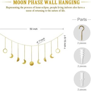 Mkono Moon Phase Wall Hanging Boho Aesthetic Room Decor Metal Moons Garland Hanging Art Bohemian Home Decoration for Girls Room Nursery Bedroom Livingroom Dorm, Ideal Gift, Gold, 50"