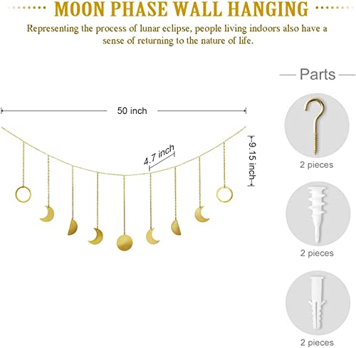 Mkono Moon Phase Wall Hanging Boho Aesthetic Room Decor Metal Moons Garland Hanging Art Bohemian Home Decoration for Girls Room Nursery Bedroom Livingroom Dorm, Ideal Gift, Gold, 50"