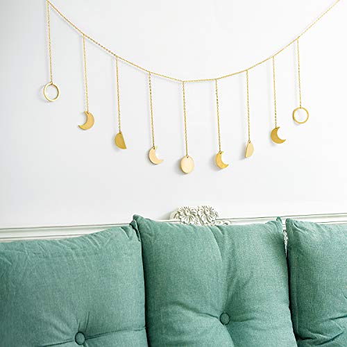 Mkono Moon Phase Wall Hanging Boho Aesthetic Room Decor Metal Moons Garland Hanging Art Bohemian Home Decoration for Girls Room Nursery Bedroom Livingroom Dorm, Ideal Gift, Gold, 50"