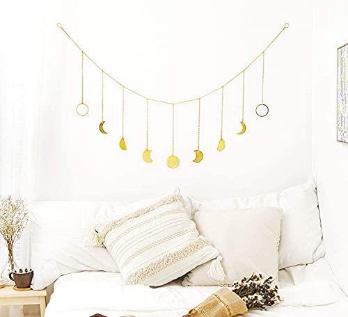 Mkono Moon Phase Wall Hanging Boho Aesthetic Room Decor Metal Moons Garland Hanging Art Bohemian Home Decoration for Girls Room Nursery Bedroom Livingroom Dorm, Ideal Gift, Gold, 50"