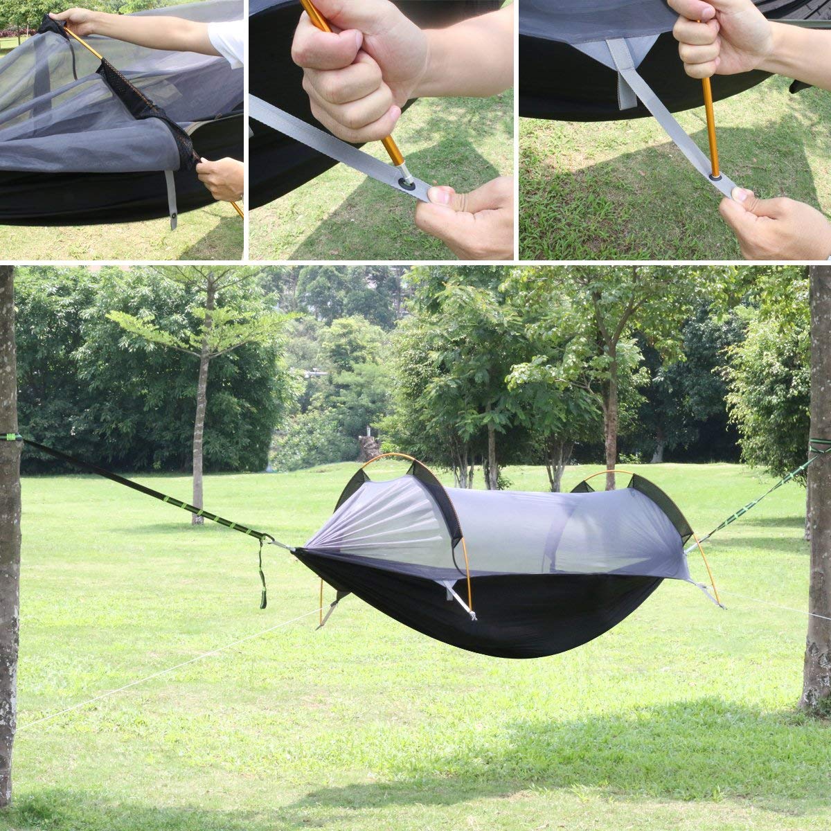 HongXingHai 3 in 1 Hammock with Mosquito Net and Rain Fly Outdoor Hammocks Tents for Camping (Green, L)