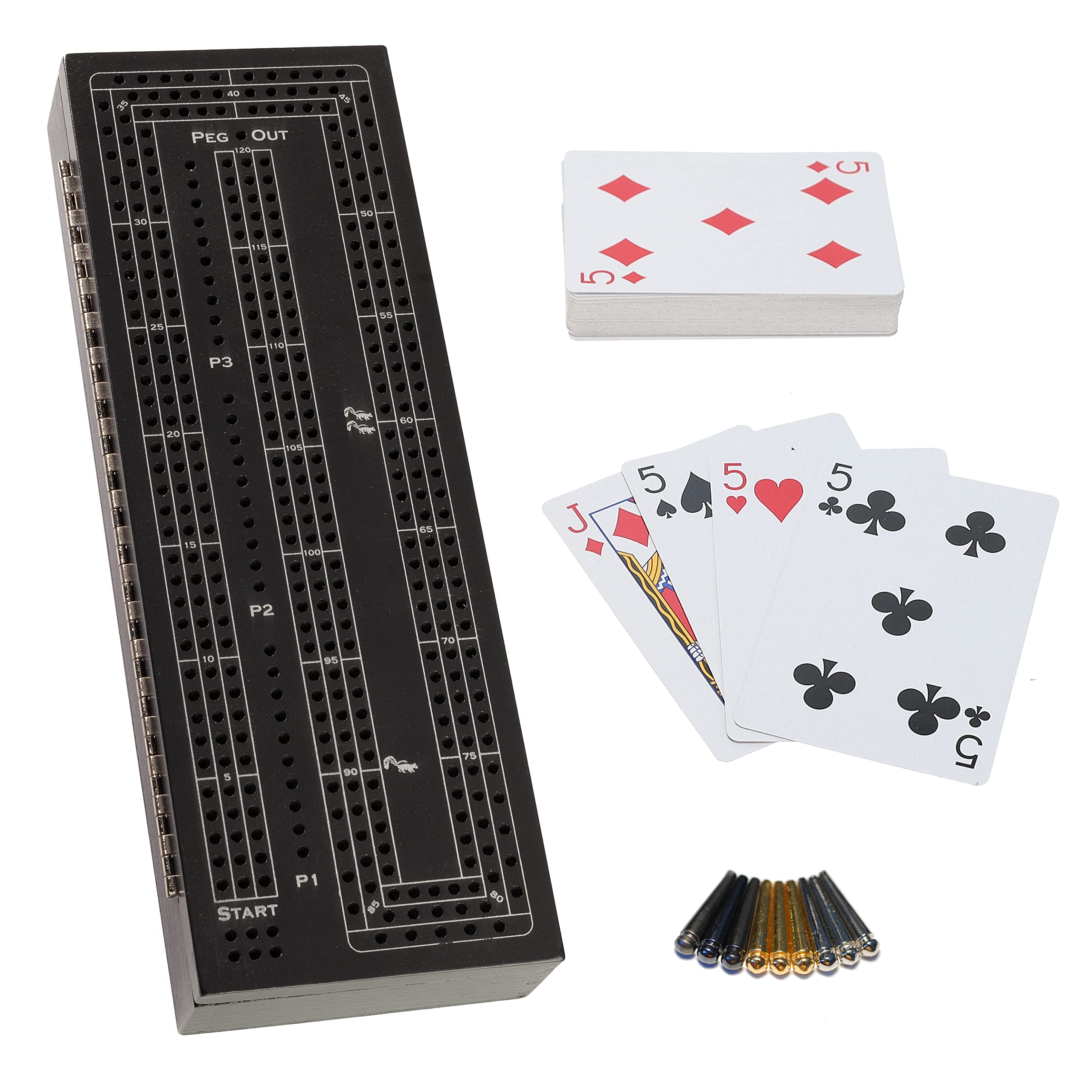 WE Games 3 Player Wood Cribbage Set - Easy Grip Pegs and 2 Decks of Cards Inside of Board - Black Stained