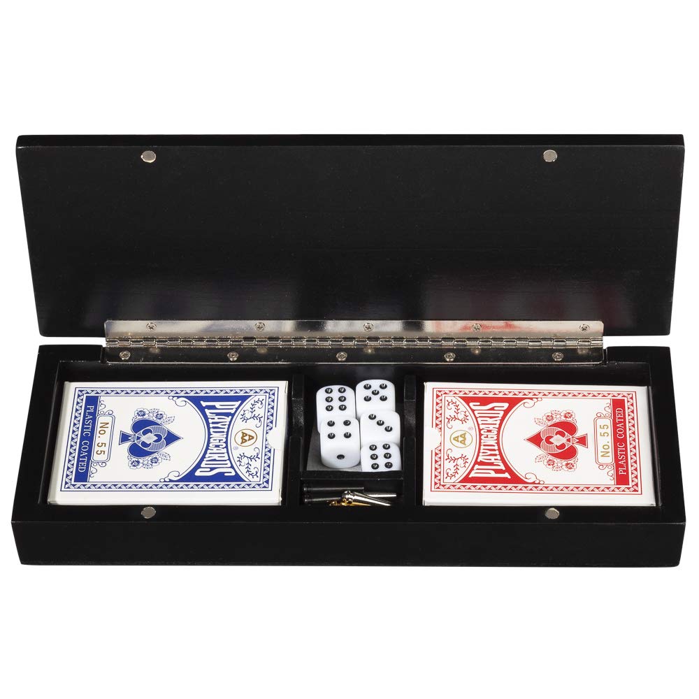 WE Games 3 Player Wood Cribbage Set - Easy Grip Pegs and 2 Decks of Cards Inside of Board - Black Stained