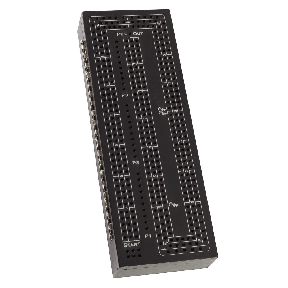 WE Games 3 Player Wood Cribbage Set - Easy Grip Pegs and 2 Decks of Cards Inside of Board - Black Stained