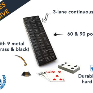 WE Games 3 Player Wood Cribbage Set - Easy Grip Pegs and 2 Decks of Cards Inside of Board - Black Stained