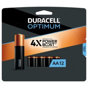 duracell optimum aa batteries with power boost ingredients, 12 count pack double a battery with long-lasting power, all-purpose alkaline aa battery for household and office devices