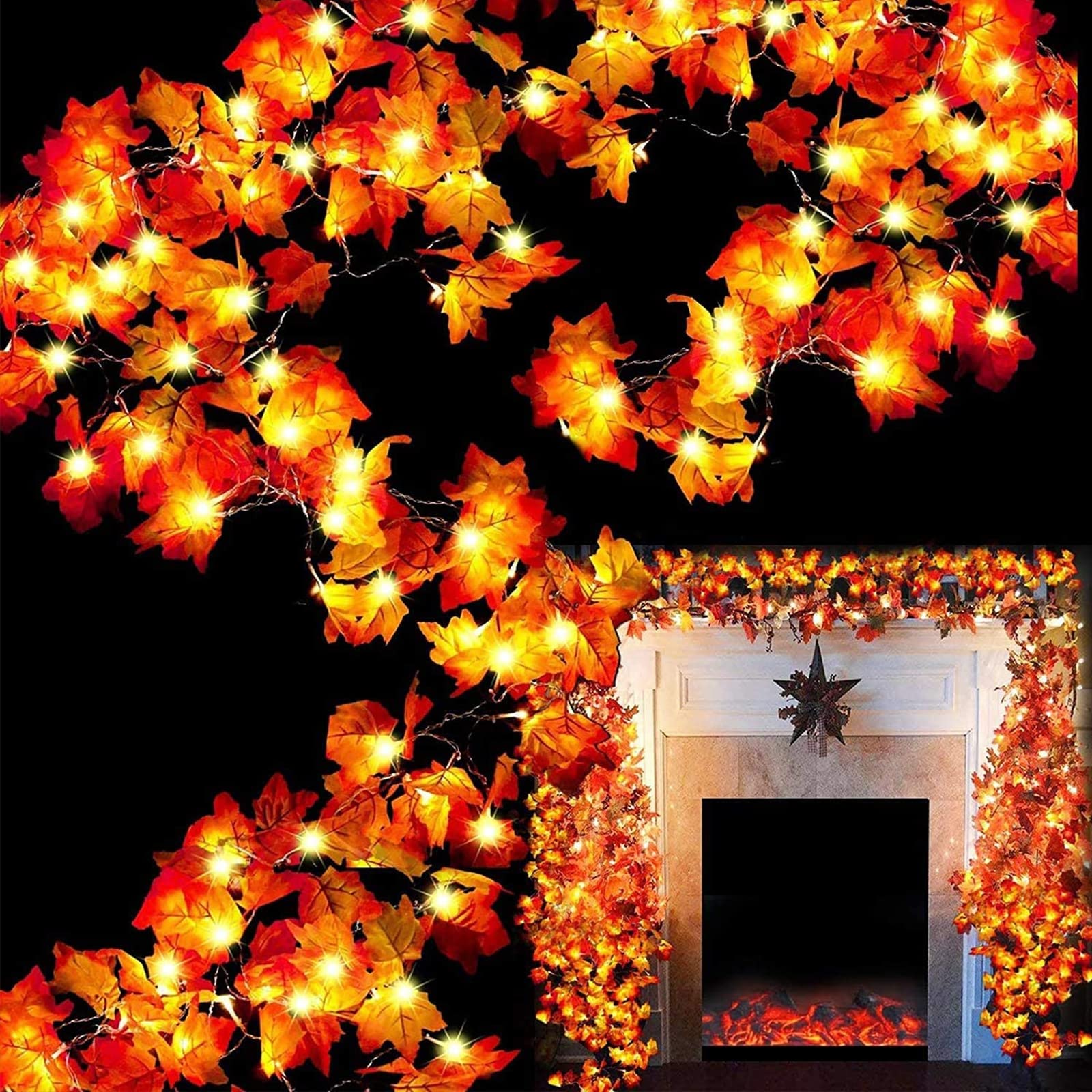 6 Pack Thanksgiving Decorations Enlarged Maple Leaf Halloween Thanksgiving Decor Fall Lights Thick Leaf Garlands, Total 60Ft/120LED Lights Battery Operated Waterproof Fall Decor Home Indoor Outdoor