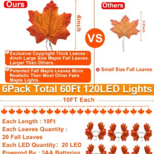 6 Pack Thanksgiving Decorations Enlarged Maple Leaf Halloween Thanksgiving Decor Fall Lights Thick Leaf Garlands, Total 60Ft/120LED Lights Battery Operated Waterproof Fall Decor Home Indoor Outdoor