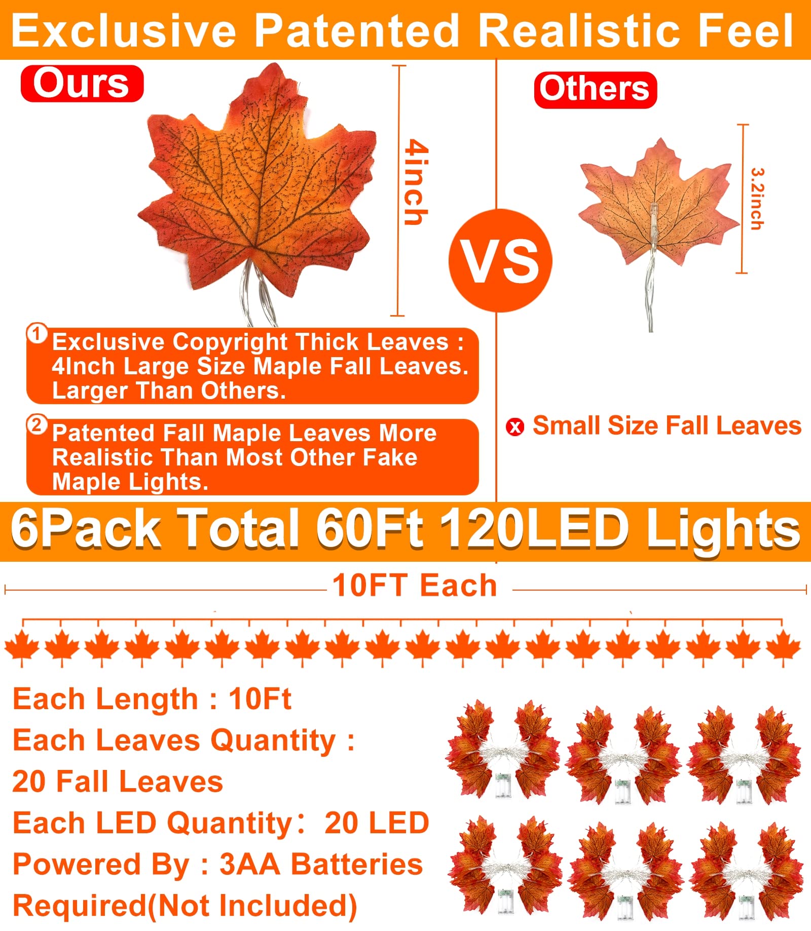 6 Pack Thanksgiving Decorations Enlarged Maple Leaf Halloween Thanksgiving Decor Fall Lights Thick Leaf Garlands, Total 60Ft/120LED Lights Battery Operated Waterproof Fall Decor Home Indoor Outdoor