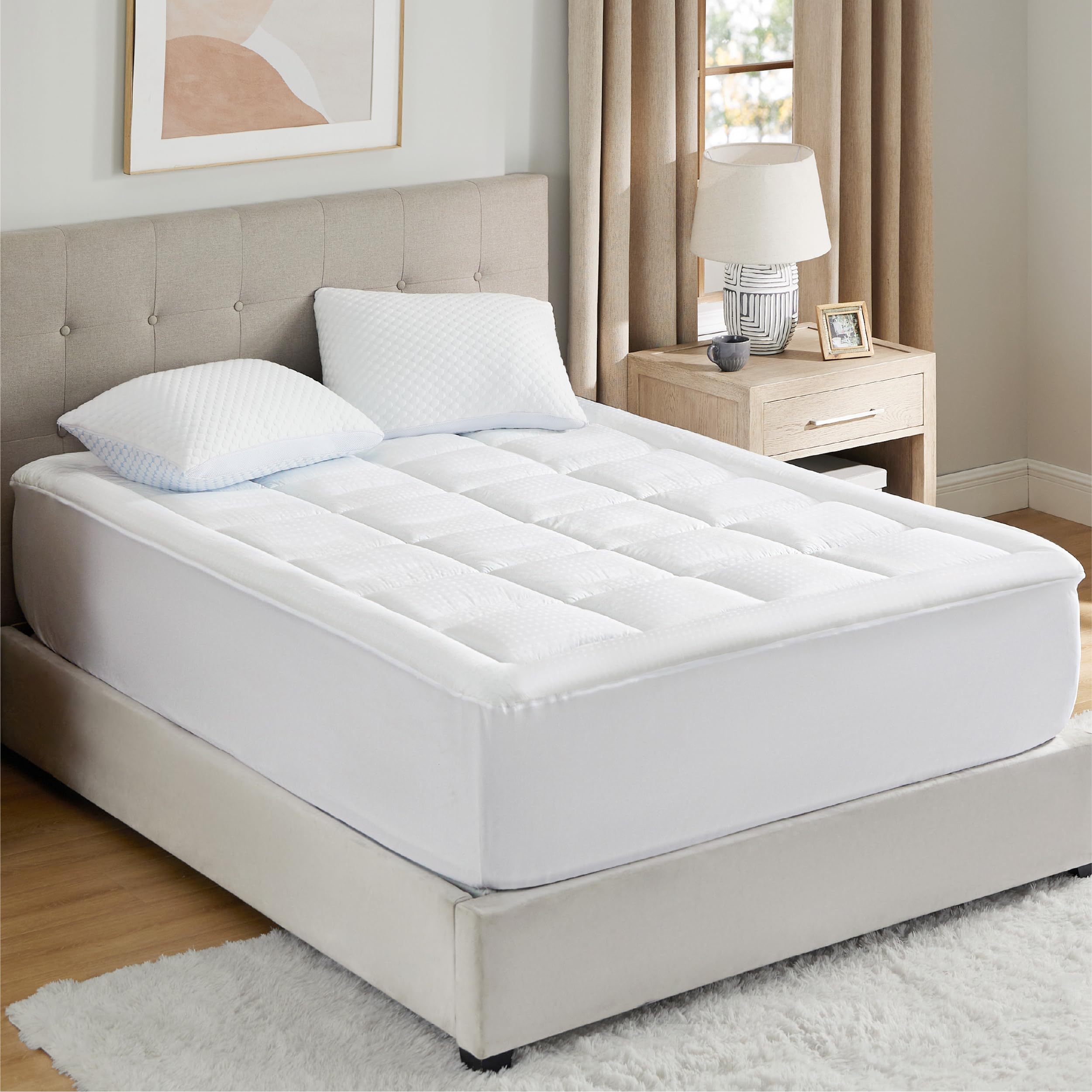 Bedsure Mattress Pad Queen Size - Soft Cotton Mattress Cover, Quilted Fitted Mattress Topper with Deep Pocket Fits 8-21 Inch Mattress, Breathable Fluffy Pillow Top, White