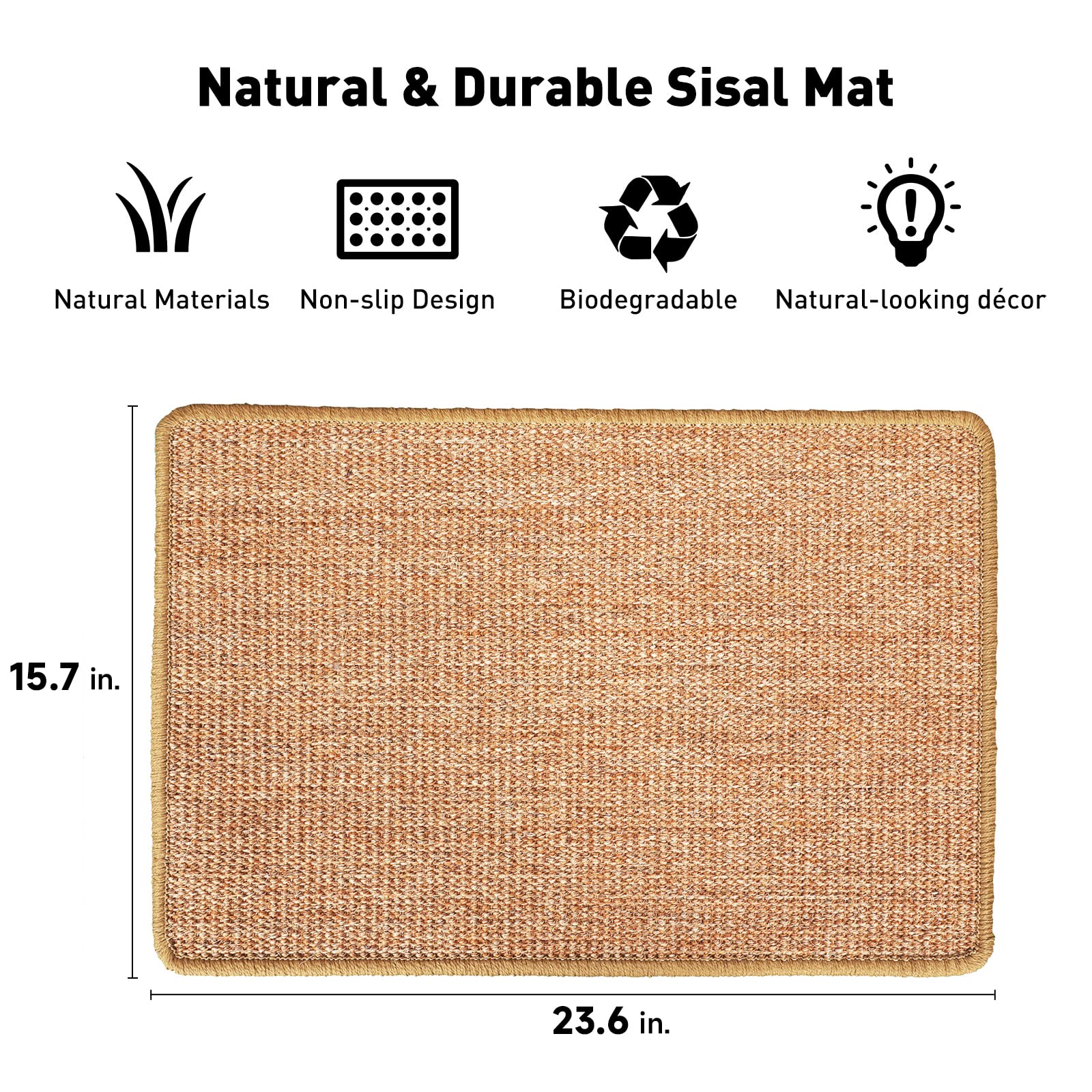 FUKUMARU Cat Scratcher Mat, 23.6 X 15.7 Inch Natural Sisal Cat Scratch Mats, Horizontal Cat Floor Scratching Pad Rug with Sticky Velcro Tapes, Protect Couch and Carpets