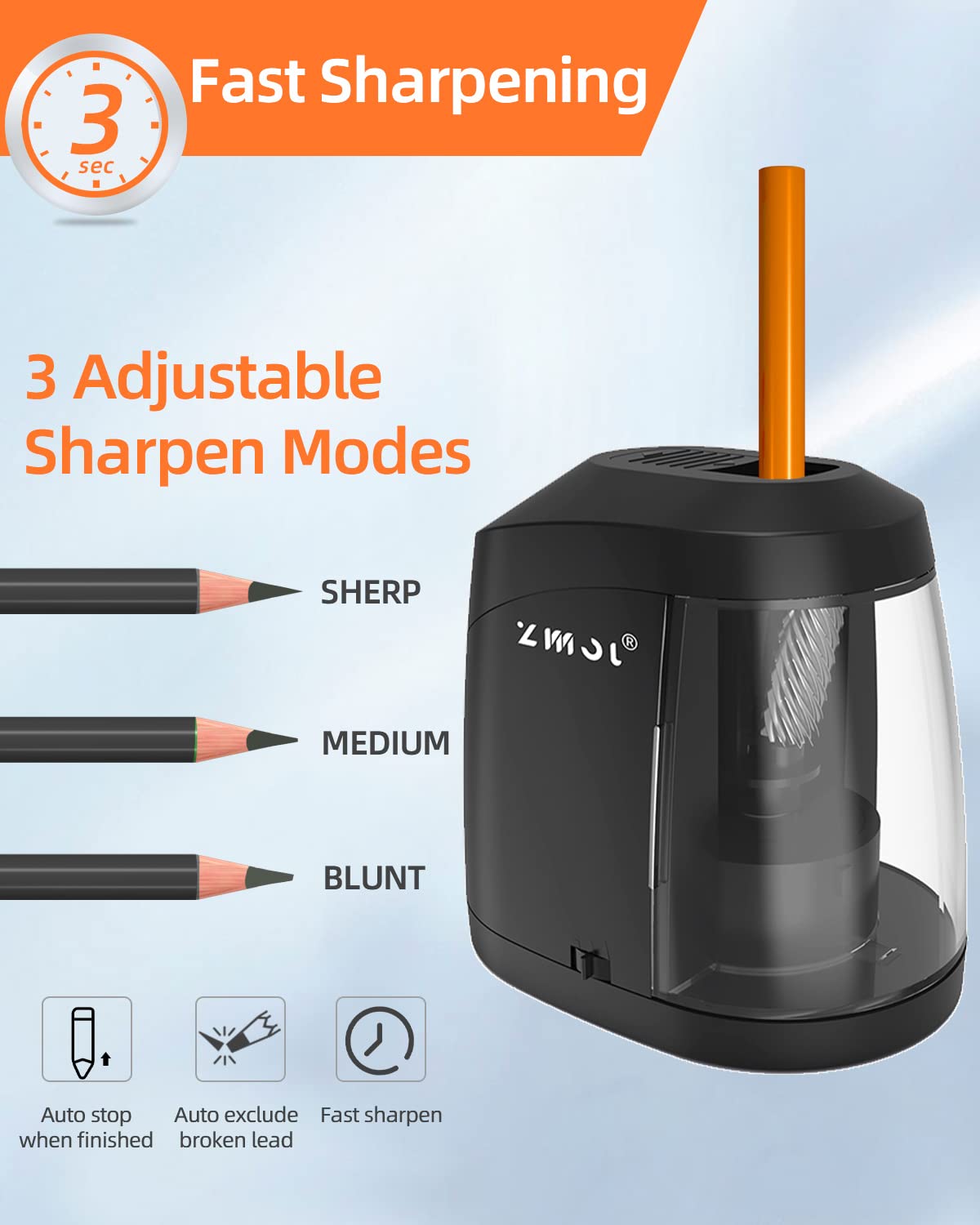 ZMOL Electric Pencil Sharpeners Battery Operated, Pencil Sharpener for Colored Pencils, Auto Stop for No.2/Colored Pencils(6-8mm),School/Classroom/Office(USB Cable Included)