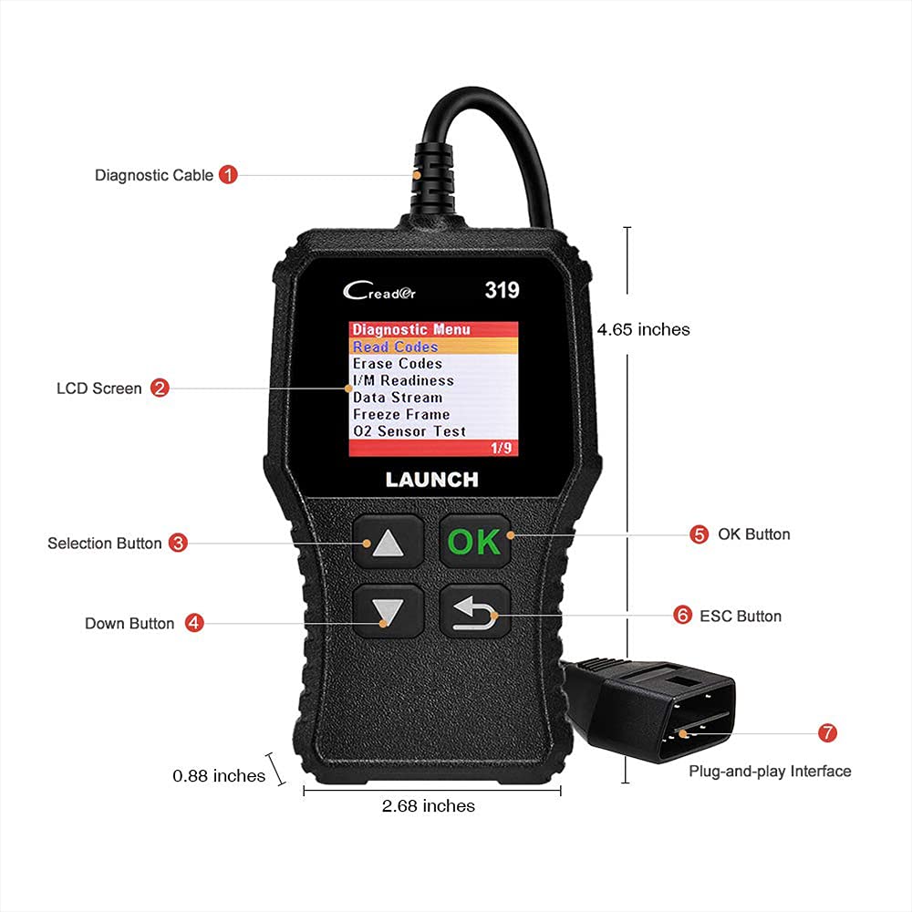 LAUNCH OBD2 Scanner Engine Fault Code Reader, CR319 Code Reader Scanner, CAN Diagnostic Scan Tool Supports DTC Lookup, Mode6 O2 Sensor for OBDII Protocol Cars Since 1996 Black