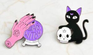 wich hand and blck cat pair witch ouija spells black moon pins badges brooches lapel pin enamel pin backpack bag accessories witch pin