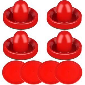 one250 air hockey pushers and red air hockey pucks, goal handles paddles replacement accessories for game tables (4 striker, 4 puck pack) (red)