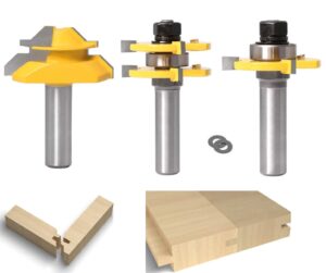 lock miter 45 degree joint router bits + 2pcs tongue and groove set [1/2-inch shank], aplus 45° lock mitre glue joint router bit + router bit set 3 teeth t shape, wood milling cutter woodworking tool