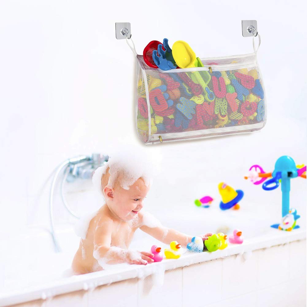 Tenrai Mesh Bath Toy Organizer, Bathtub Storage Bag, Multi-Purpose Baby Toys Net, Toddler Shower Caddy for Bathroom, Quick Drying Kids Toy Holder (14" x 20" , White)