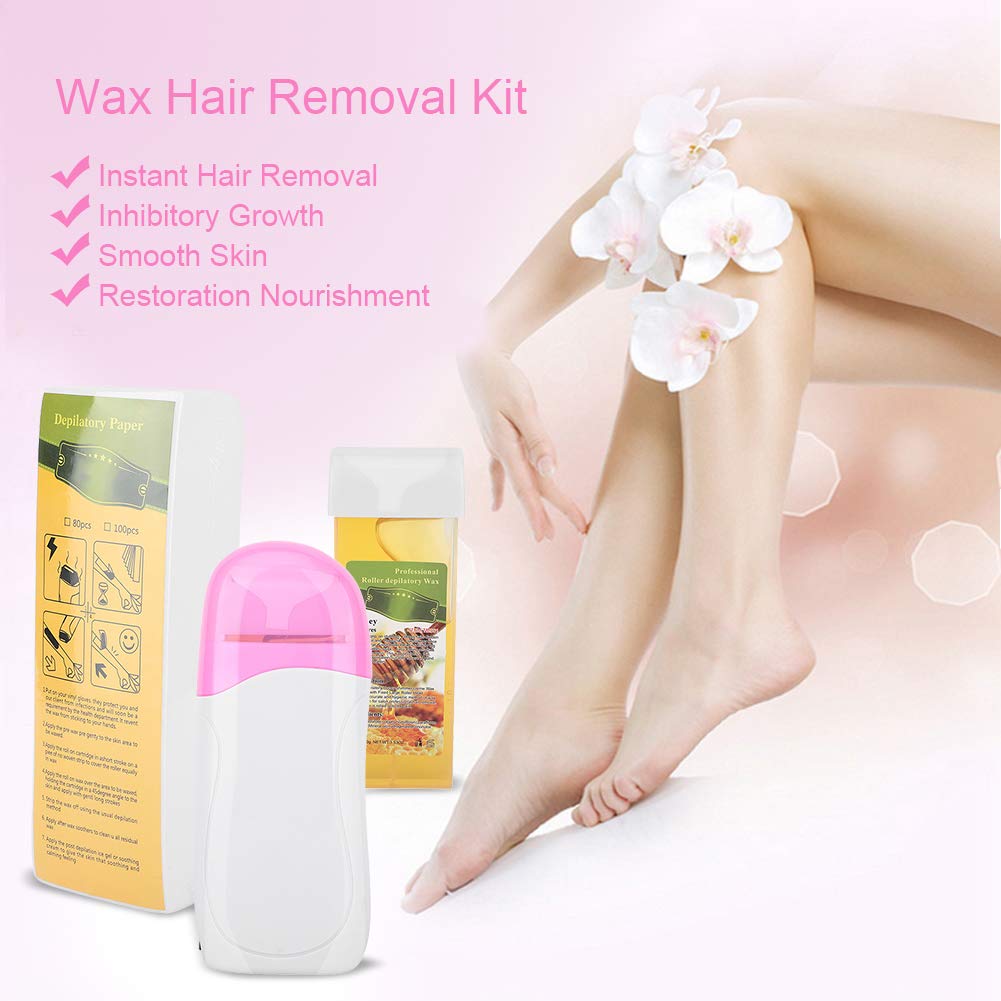 Wax Roller Kit, Roll on Wax Kit, EU PLUG Wax Warmer, Waxing Kit Wax Hair Removal Kit Waxing Roller Depilatory Roll on Wax Heater Roller with 100pcs Wax Paper Hair Removal Set EU Pulg without Adapter