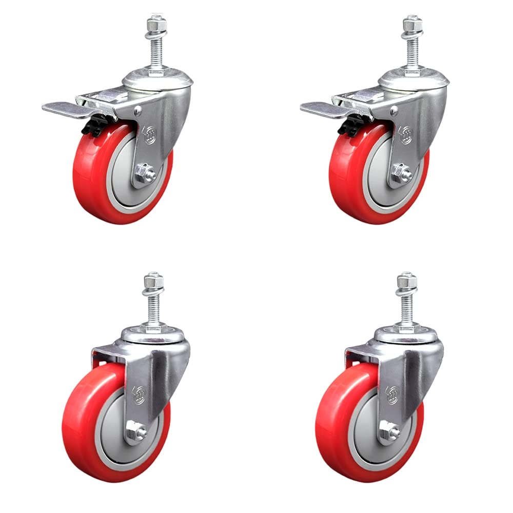 Polyurethane Swivel Threaded Stem Caster Set of 4 w/4" x 1.25" Red Wheels and 3/8" Stems - Includes 2 with Total Locking Brake - 1400 lbs Total Capacity - Service Caster Brand