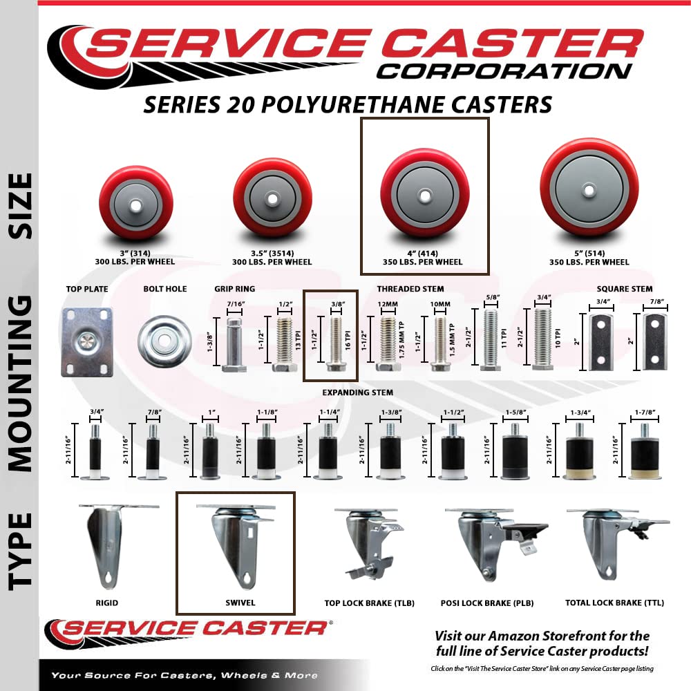 Polyurethane Swivel Threaded Stem Caster Set of 4 w/4" x 1.25" Red Wheels and 3/8" Stems - Includes 2 with Total Locking Brake - 1400 lbs Total Capacity - Service Caster Brand