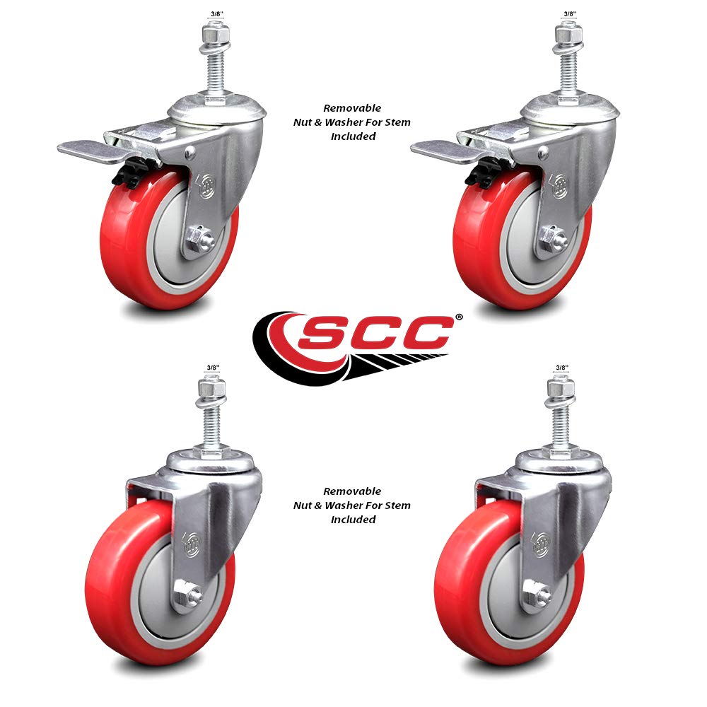 Polyurethane Swivel Threaded Stem Caster Set of 4 w/4" x 1.25" Red Wheels and 3/8" Stems - Includes 2 with Total Locking Brake - 1400 lbs Total Capacity - Service Caster Brand