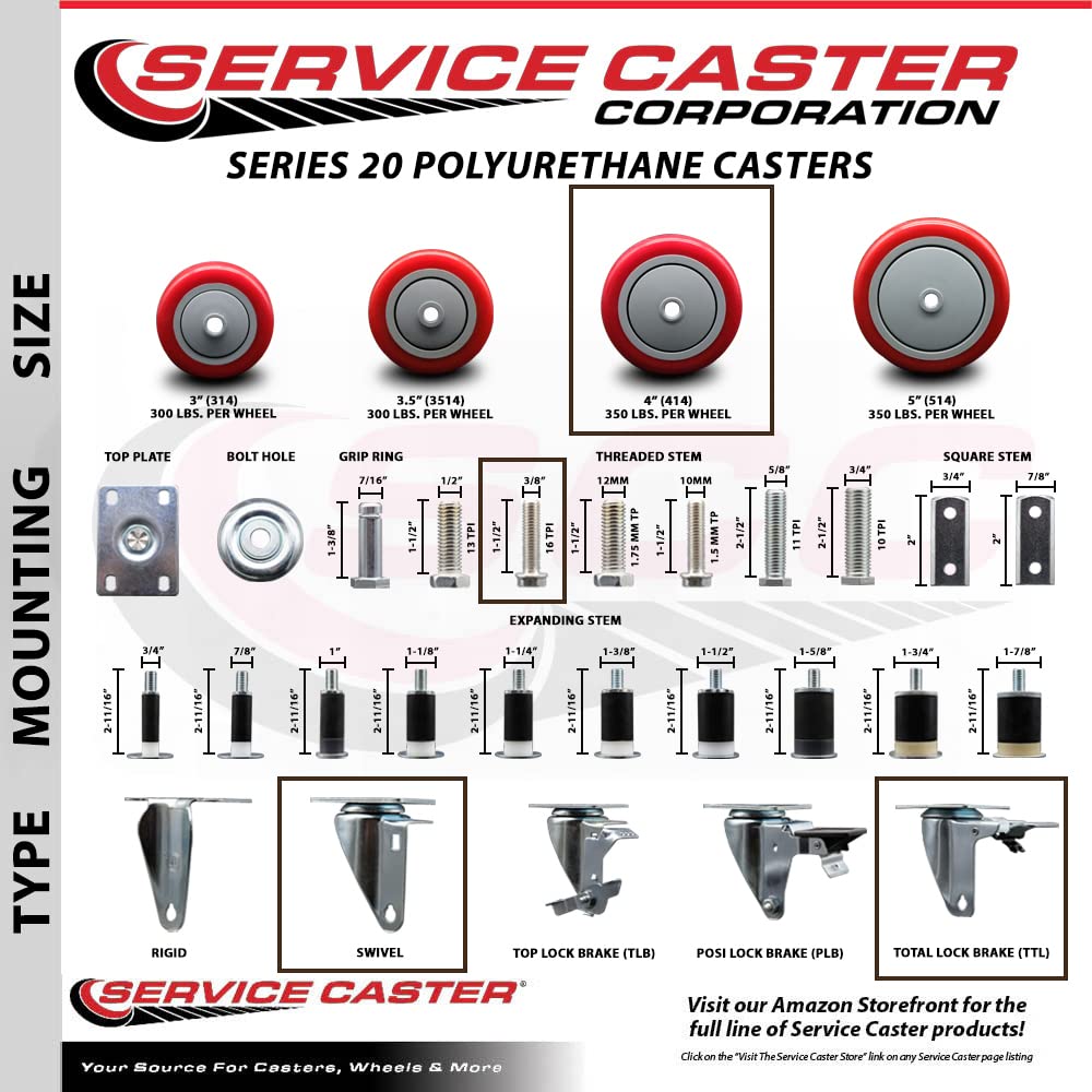 Polyurethane Swivel Threaded Stem Caster Set of 4 w/4" x 1.25" Red Wheels and 3/8" Stems - Includes 2 with Total Locking Brake - 1400 lbs Total Capacity - Service Caster Brand