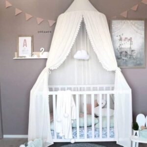 loaol kids bed canopy with lace sheer chiffon hanging canopy net for baby crib nook castle game tent nursery play room decor (white)