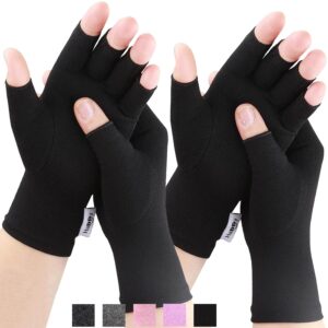 2 pairs arthritis compression gloves for arthritis, rheumatoid, carpal tunnel pain, driving, typing fingerless gloves for women men, support hand, wrist and joint (pure black, medium)