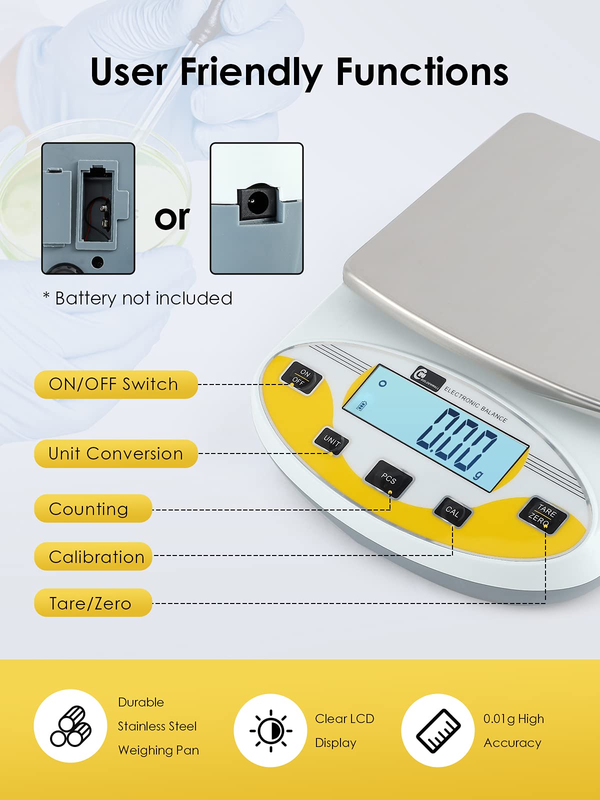 CGOLDENWALL Precision Lab Scale 5000gX0.01g Analytical Electronic Balance Digital Laboratory Scale Precision Jewelry Scales Kitchen Weighing Electronic Scales 0.01g Calibrated 110V (5000g, 0.01g)